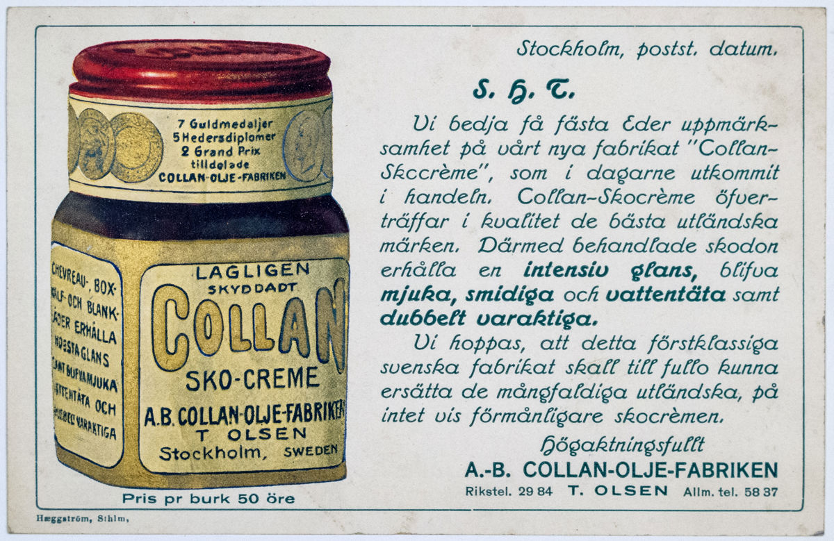 Reklamtryck. Collan Sko-creme. Collanoljefabriken - Stockholmskällan