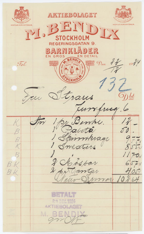 Kvitto från M.Bendix barnkläder som den judiska societetskvinnan Irene ...