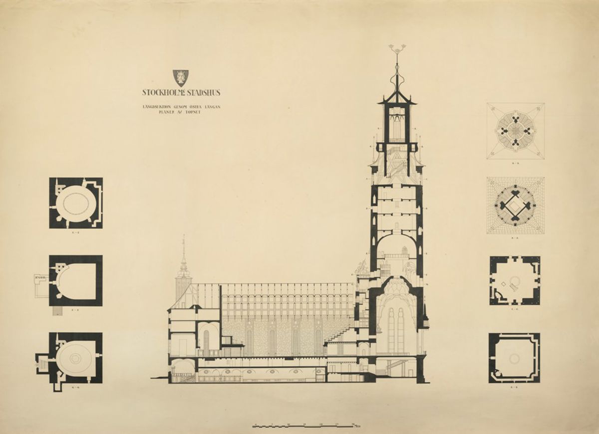 Ritning "Stockholms stadshus. Längdsektion genom Östra längan. Planer ...