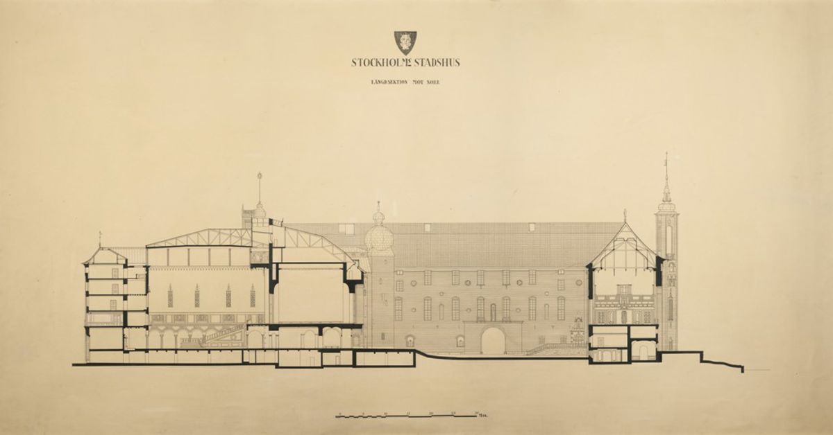 Ritning "Stockholms stadshus. Längdsektion mot norr ...