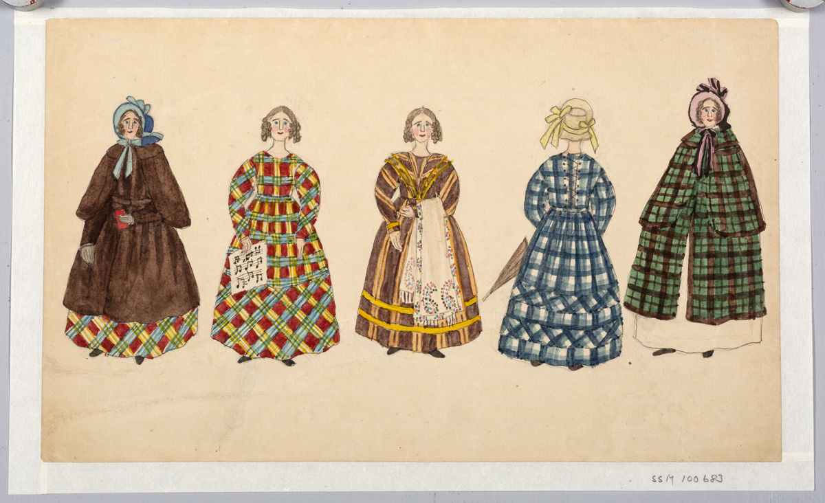 Fem dräkter. Dammode från mitten av 1850-talet - Stockholmskällan