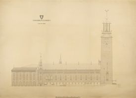 Ritning "Stockholms stadshus. Längdsektion genom Östra längan. Planer ...